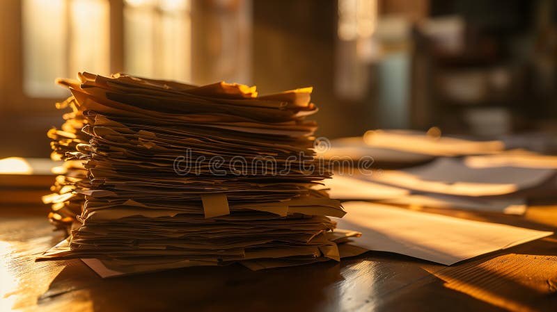 A Large Stack of Documents on the Office Desk. Evening Lighting ...