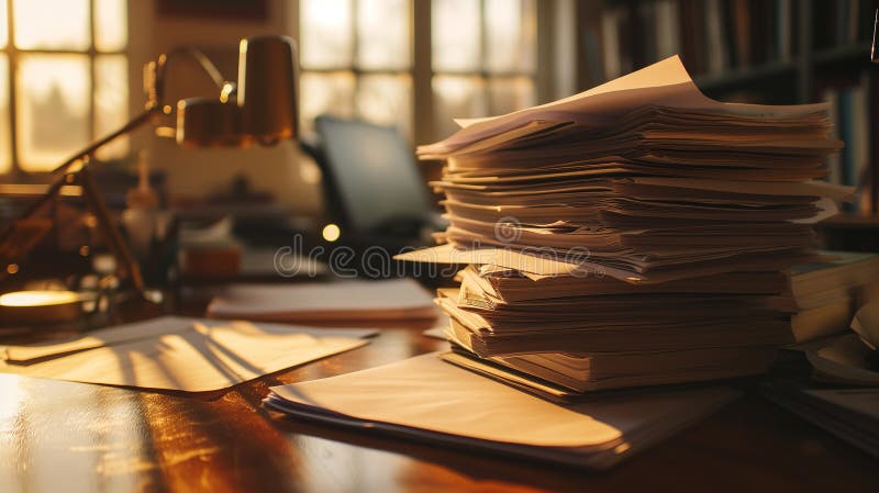 A Large Stack of Documents on the Office Desk. Evening Lighting ...