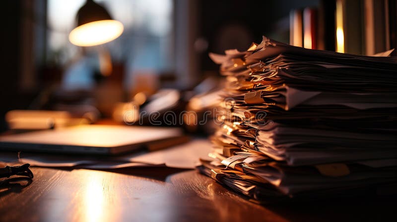 A Large Stack of Documents on the Office Desk. Evening Lighting ...