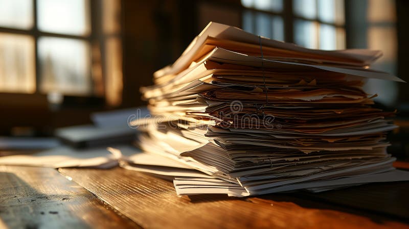 A Large Stack of Documents on the Office Desk. Evening Lighting ...