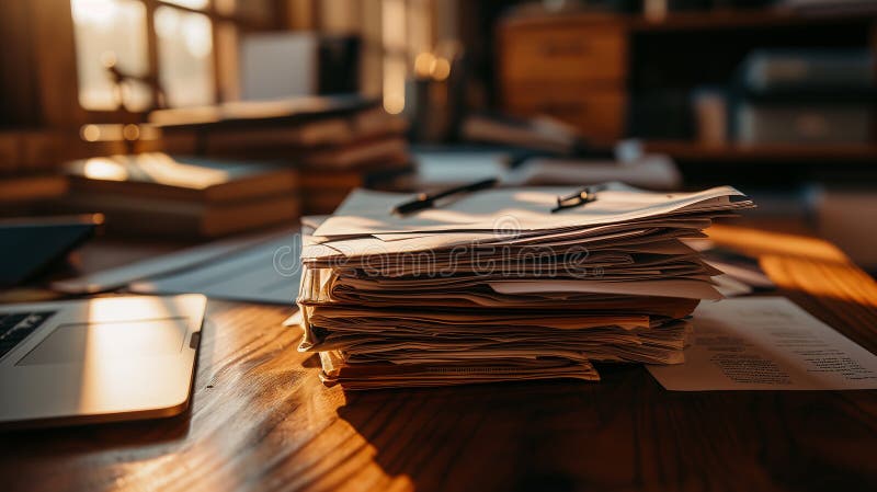 A Large Stack of Documents on the Office Desk. Evening Lighting ...