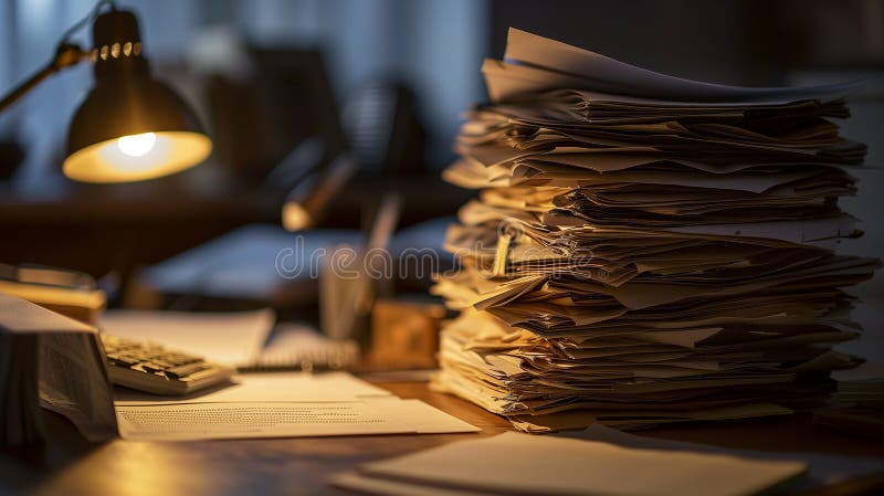 A Large Stack of Documents on the Office Desk. Evening Lighting ...