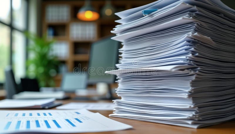 Large Stack of Documents Sits on Desk in Modern Office. Unfinished ...