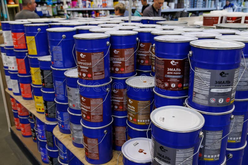 Large Stack of Enamel Paint Buckets in Home Improvement Store Editorial ...