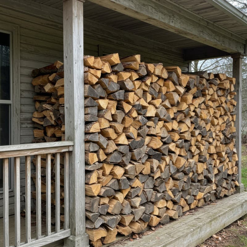 Large Stack of Firewood on a House Porch Stock Illustration ...