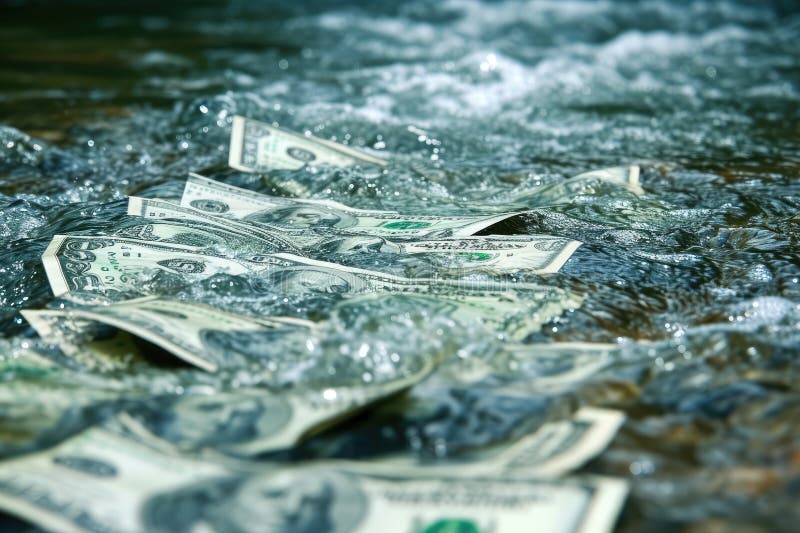 A Large Stack of Money is Floating on the Surface of a River, Creating ...
