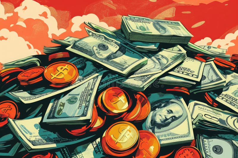 A Large Stack of Money is Placed on Top of a Mound of Coins, Creating a ...