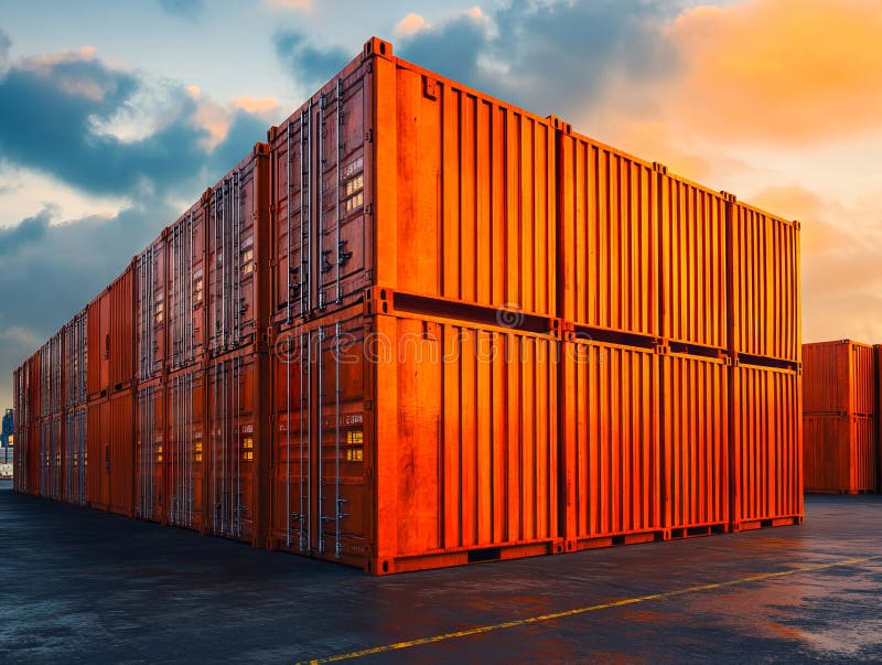 A Large Stack of Orange Shipping Containers Sitting on Top of a Parking ...
