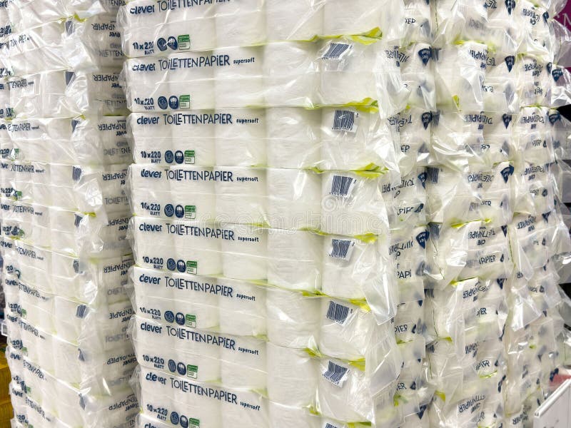 Large Stack of Packaged Toilet Paper Rolls in Retail Warehouse ...