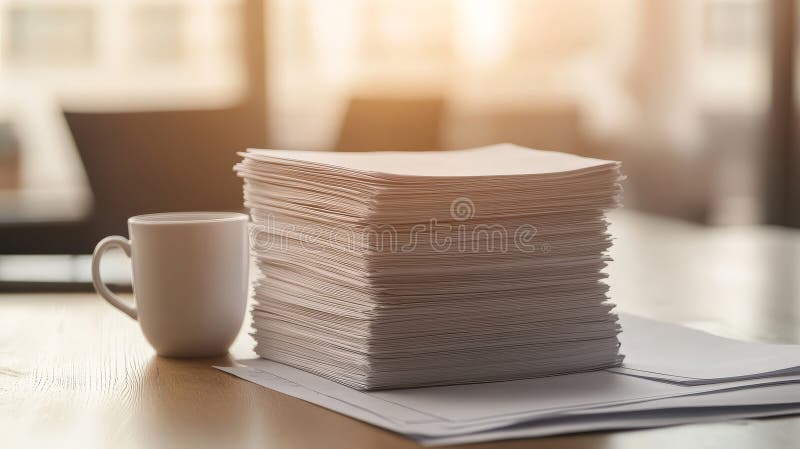 Large Stack of Papers on Desk with Coffee Mug in Sunlit Office Setting ...