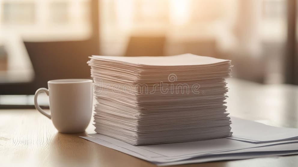 Large Stack of Papers on Desk with Coffee Mug in Sunlit Office Setting ...