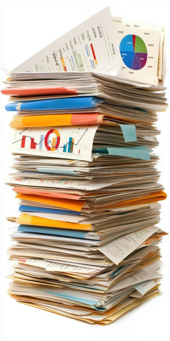 Colorful Stack of Documents with Charts and Graphs on White Background ...