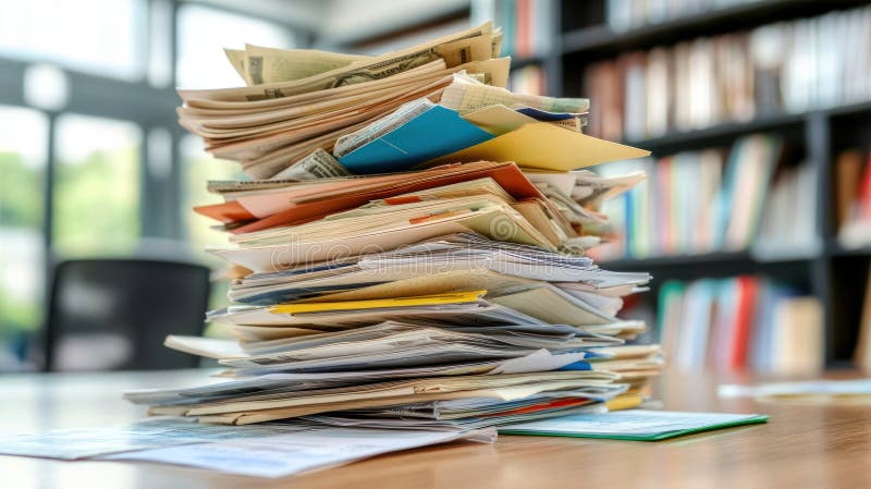A Large Stack of Papers and Documents on a Desk Stock Illustration ...
