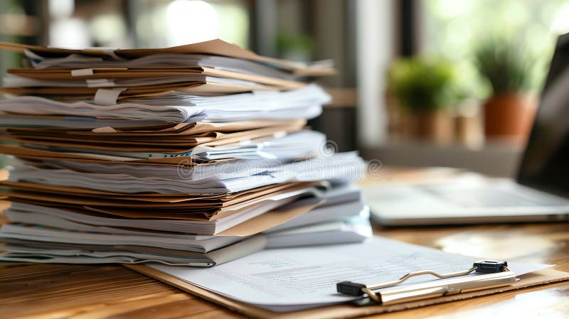 A Large Stack of Papers Sits on a Desk with a Laptop and Clipboard. the ...