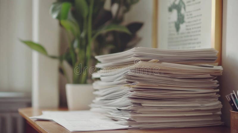 A Large Stack of Papers Sits on a Wooden Desk Stock Illustration ...