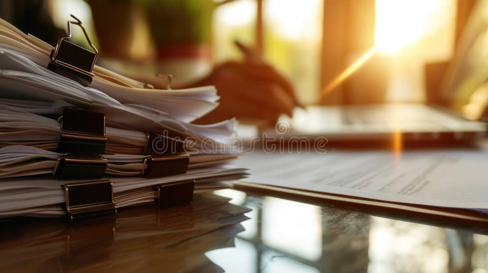 Large Stack of Paperwork with Binder Clips on a Desk, with the Blurred ...