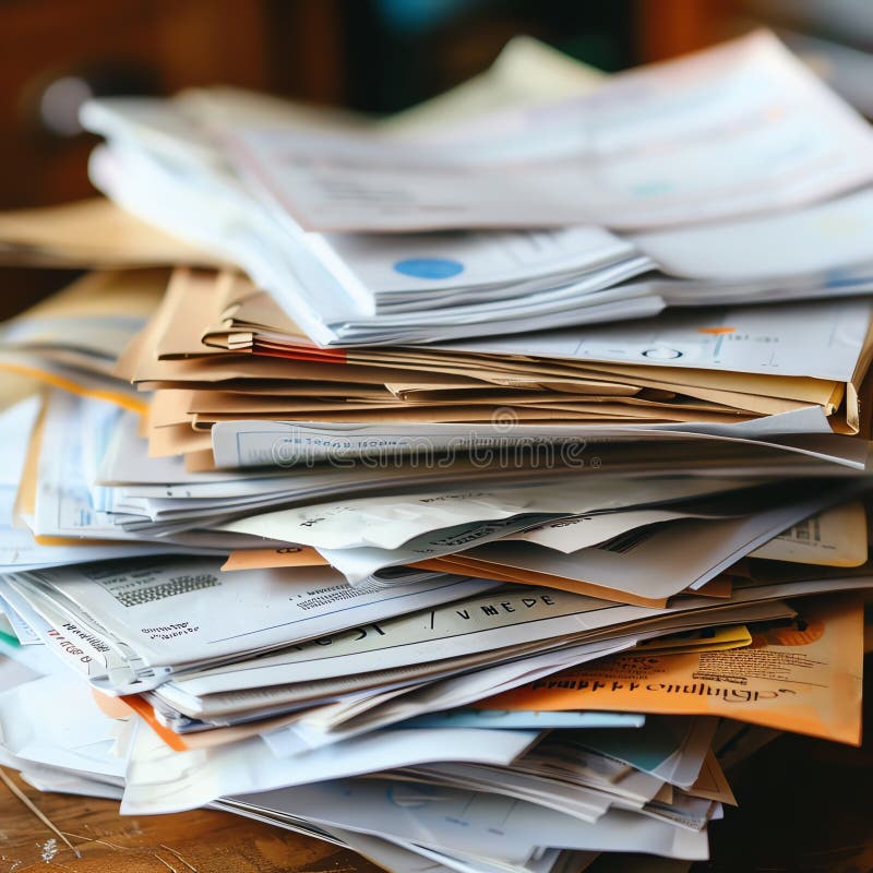 A Large Stack of Paperwork, Letters, and Documents Piled Up on a Desk ...