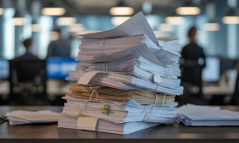 Large Stack of Paperwork Tied with String on Office Desk Highlighting ...
