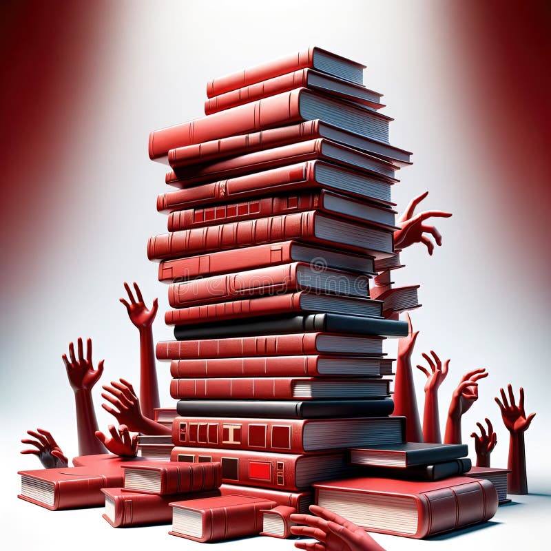 A Large Stack of Red Books with Hands Coming Towards Them As a Concept ...