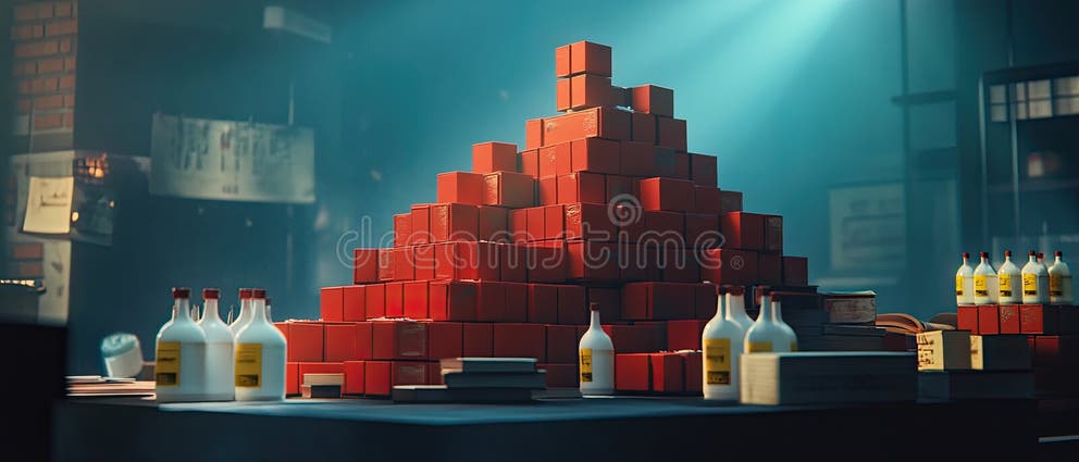 A Large Stack of Red Boxes with Bottles on a Table in a Dimly Lit Room ...