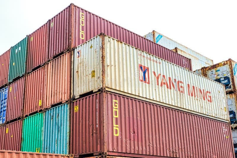 Stack of the Containers Loaded on Deck of the Cargo Ship. Editorial ...