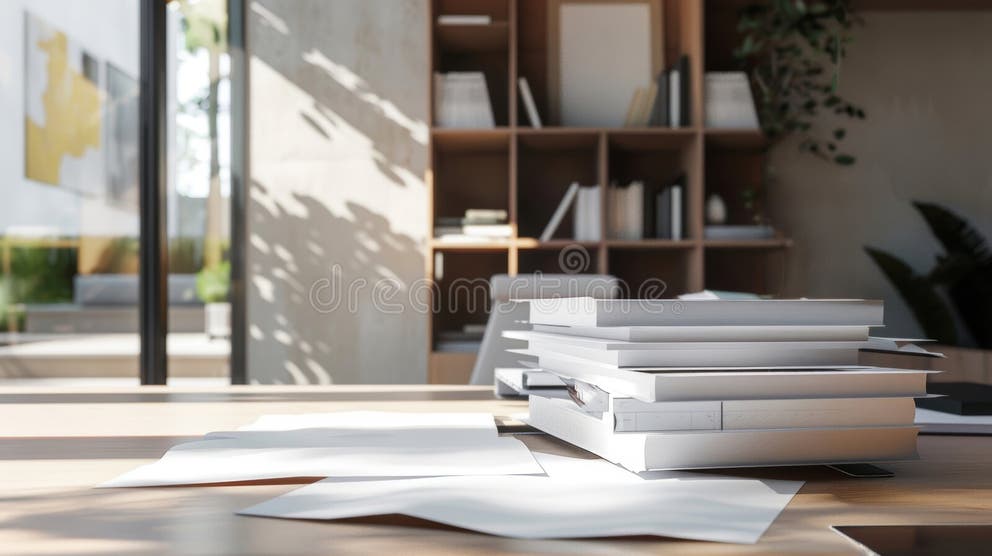 A Large Stack of Unfinished Documents Sits on a Desk in a Contemporary ...
