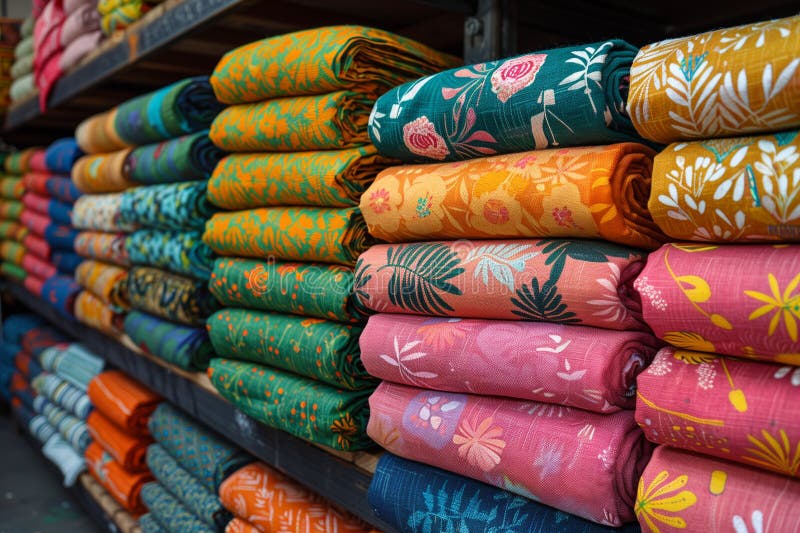 A Large Stack of Vibrant and Colorful Fabrics Neatly Displayed in a ...