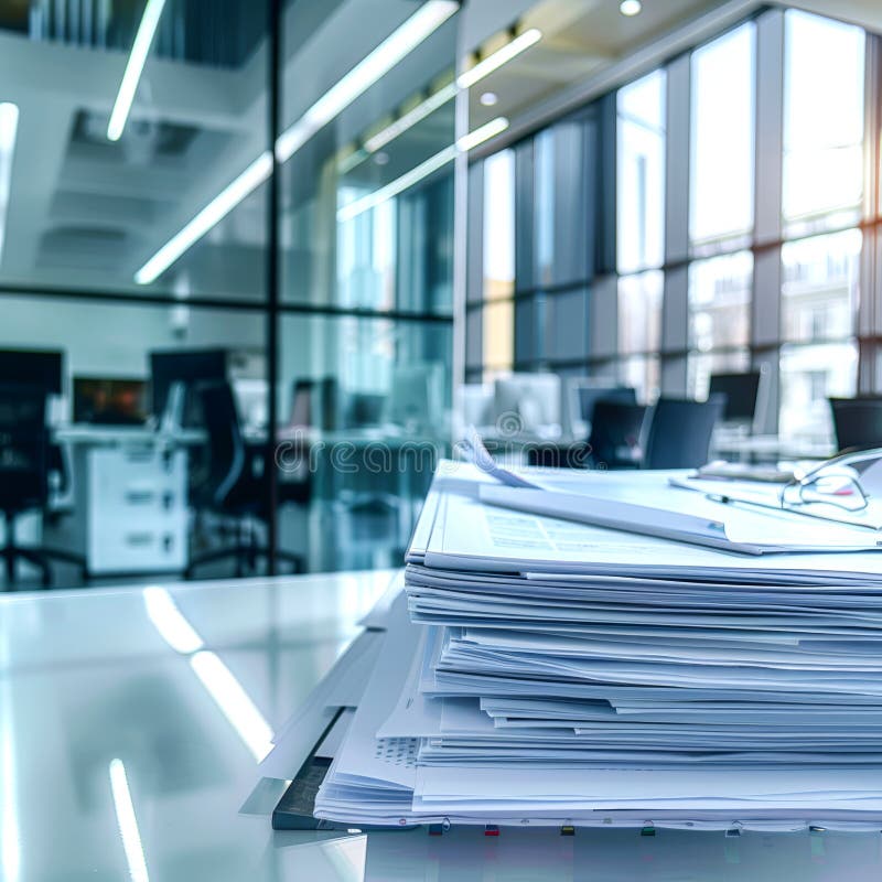 A Large Stack of Well-organized Documents Rests on a Desk in a ...