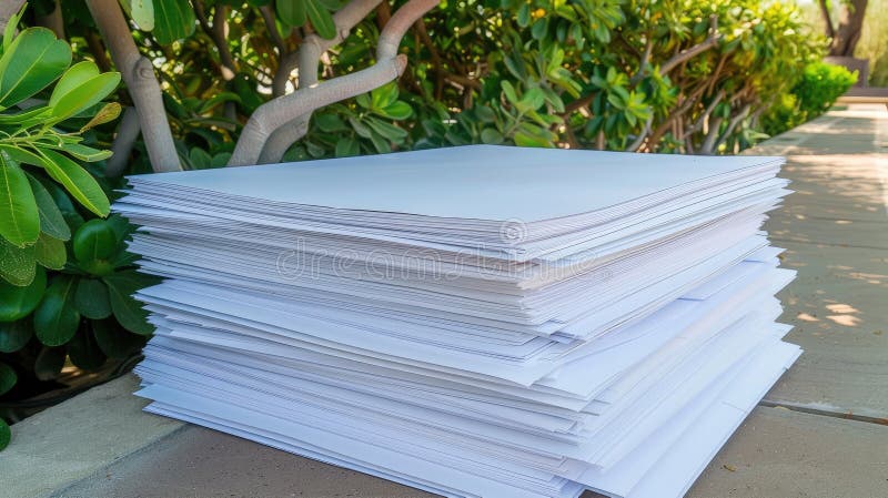 A Large Stack of White Paper Sits on a Concrete Path Near Some Green ...