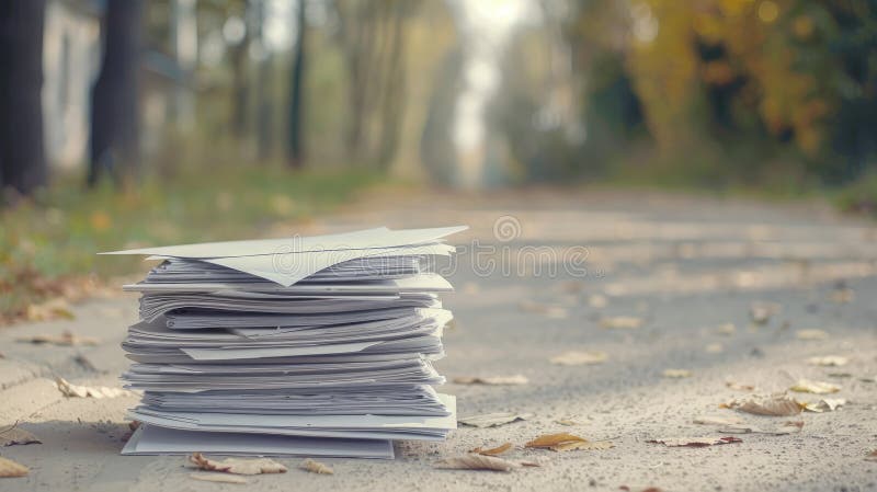 A Large Stack of White Paper Sits on a Concrete Path Near Some Green ...