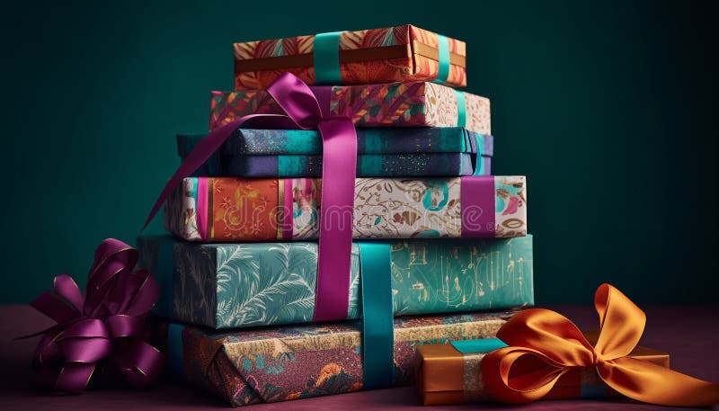 A Large Stack of Wrapped Gift Boxes in Various Colors Generated by AI ...