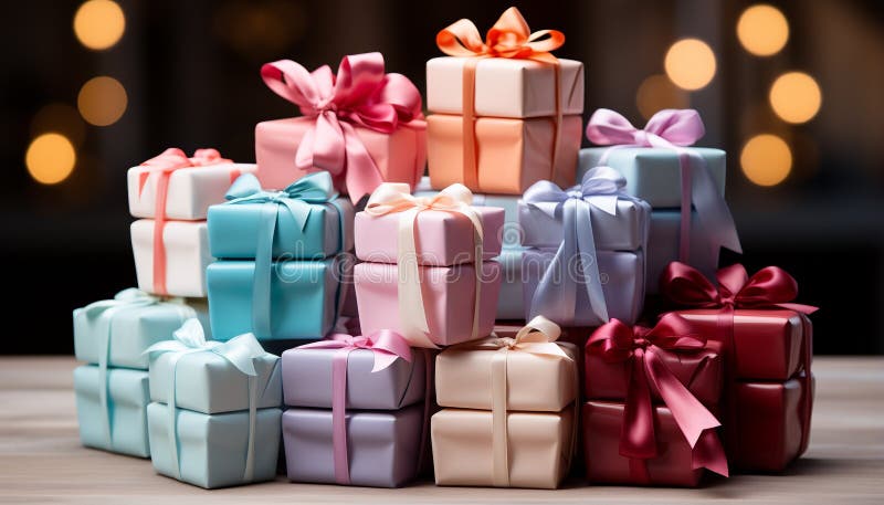 A Large Stack of Wrapped Gift Boxes in Vibrant Colors Generated by AI ...