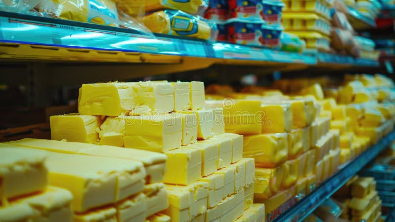 A Large Stack of Yellow Butter is on a Shelf in a Store Stock Image ...