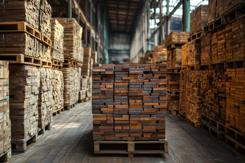 Large Stacks of Lumber Sit on Pallets Inside a Warehouse or Lumber Yard ...