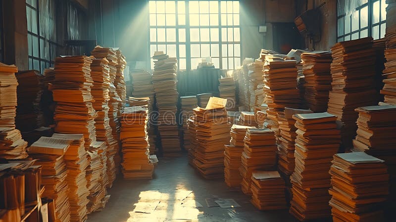 Large Stacks of Paper Document Files in a Sunlit Warehouse with ...