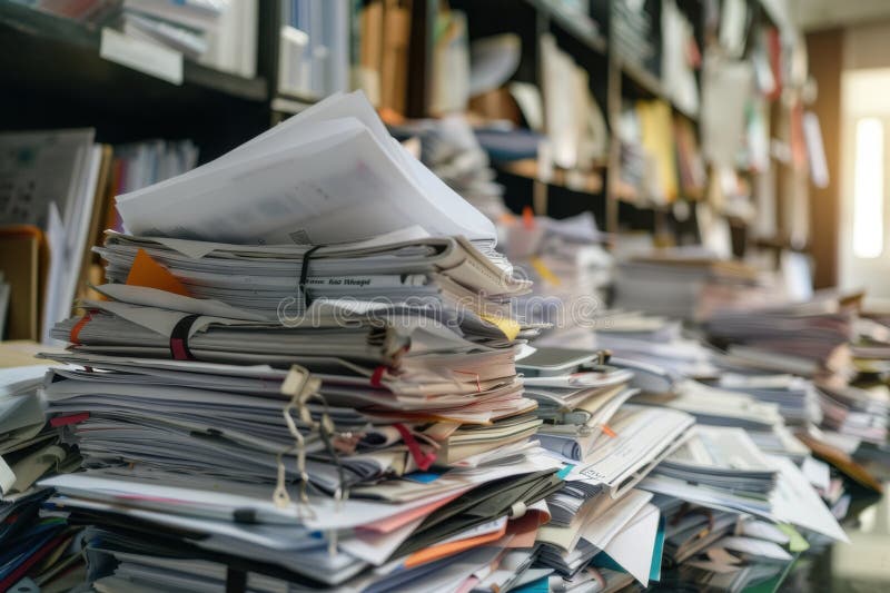 Large Stacks of Paper Documents Piled Up in a Cluttered Office ...