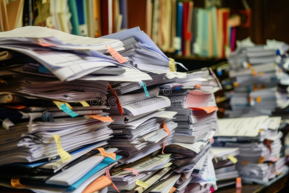 Large Stacks of Paper Documents Piled Up in a Cluttered Office ...