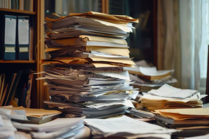 Large Stacks of Paper Documents Piled Up in a Cluttered Office ...