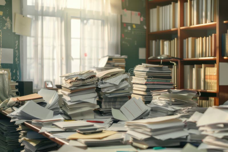 Large Stacks of Paper Documents Piled Up in a Cluttered Office ...