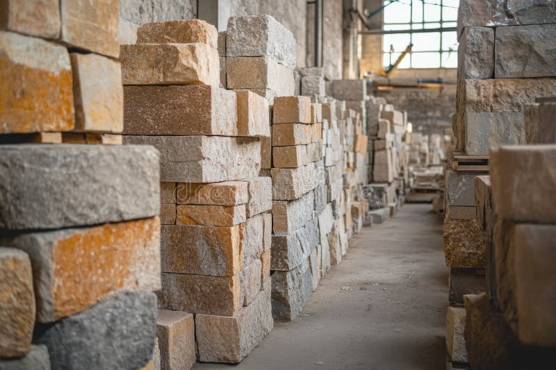 Large Stacks of Sandstone Bricks Creating a Narrow Corridor Inside a ...