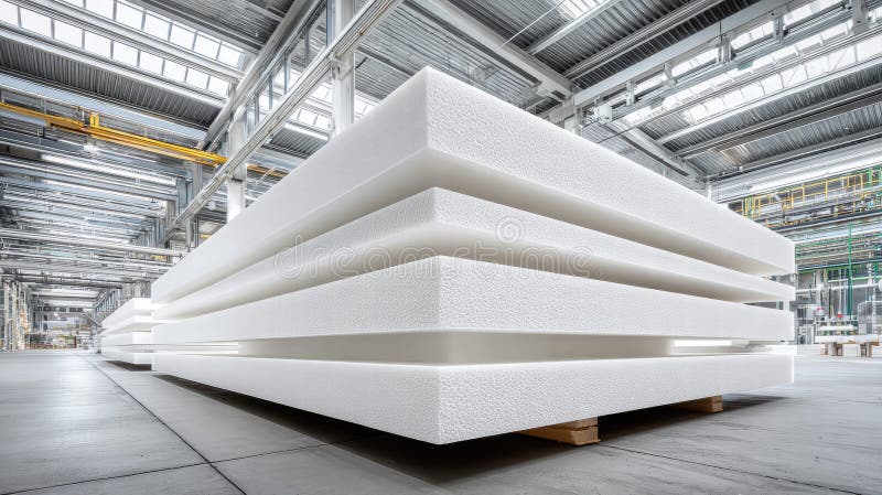 Large Stacks of White Foam Insulation are Stored Inside a Modern Industrial Factory Building ...