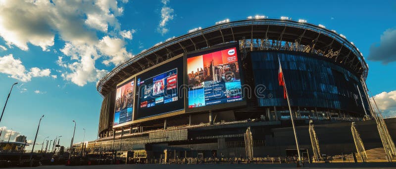 Large Stadium with Multiple Advertising Screens in the Sunlight Stock ...