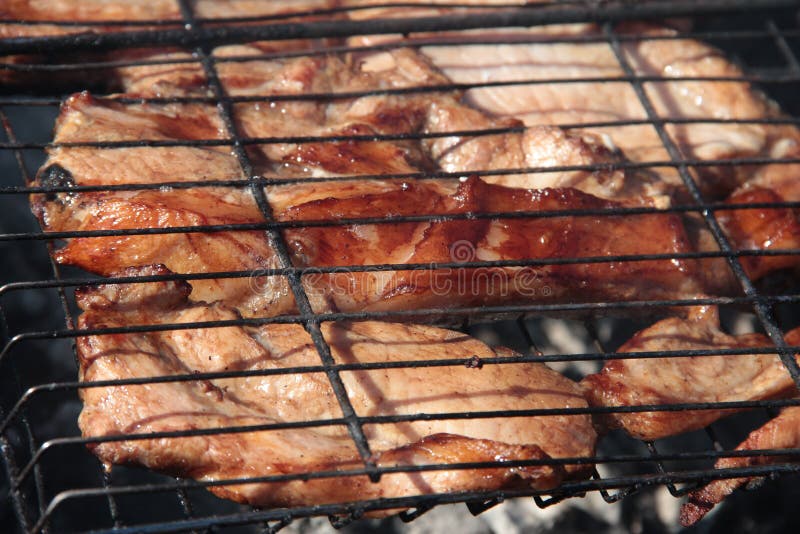 A Large Steak of Grilled Meat with Smoke. Cooking in the Open Air Stock ...