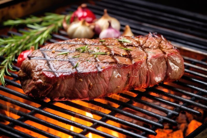 Large Steak Searing on an Open-flame Grill Stock Photo - Image of meat ...