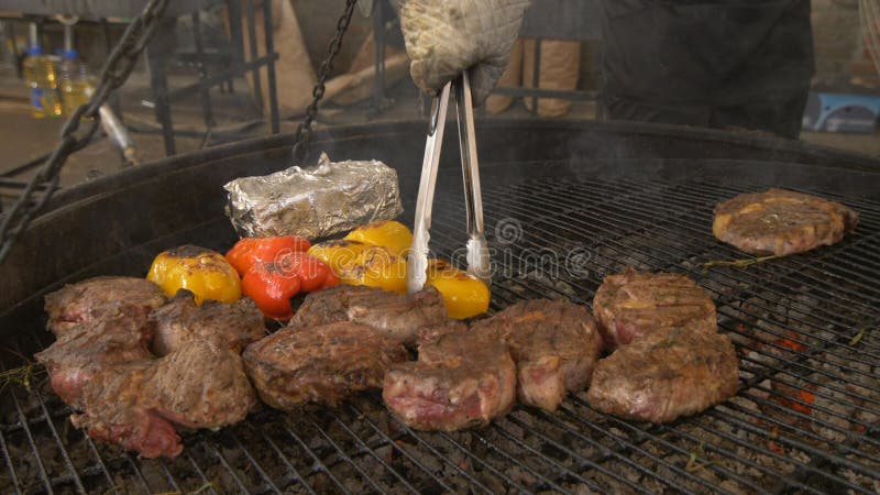 A Large Steaks Cooking Street Food Stock Image - Image of fried ...