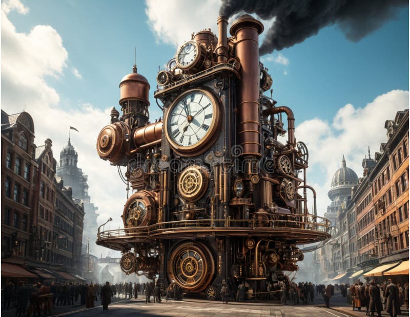 Steampunk Factory Future Clock Cogs City Smoke Victorian Era Stock ...