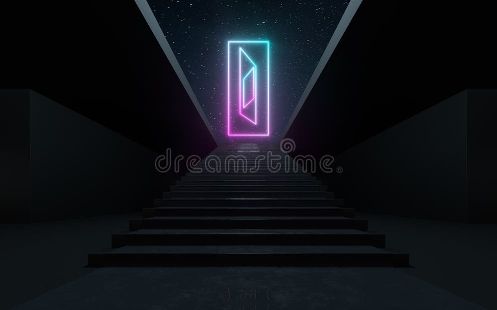 Large Steps with Glowing Neon Lines, 3d Rendering Stock Illustration ...