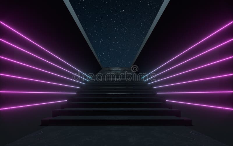 Large Steps with Glowing Neon Lines, 3d Rendering Stock Illustration ...