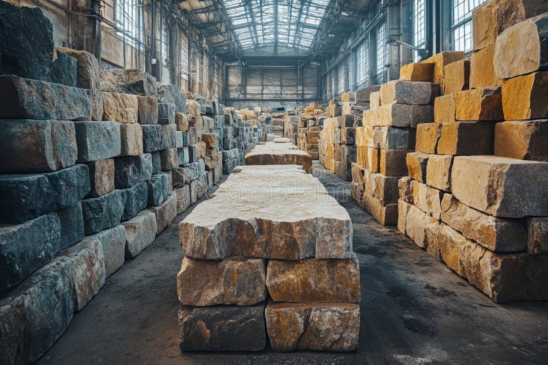 Large Stone Blocks Stacked High Inside Warehouse, Showcasing Industrial ...