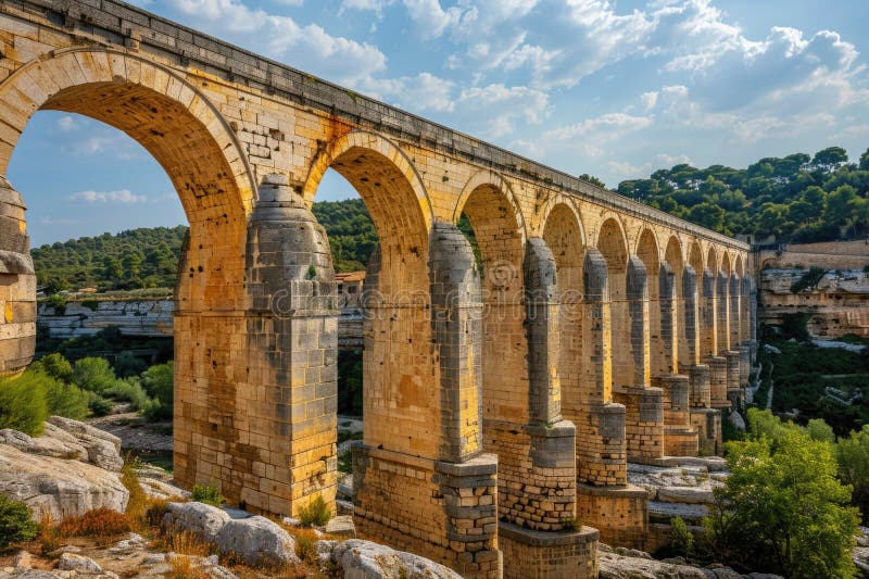 A Large Stone Bridge Spanning Over a Lush Green Valley with Rolling ...